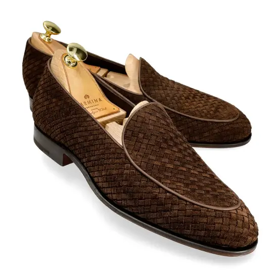 BELGIAN LOAFERS IN BROWN FERCUS BRAIDED SUEDE|CARMINA